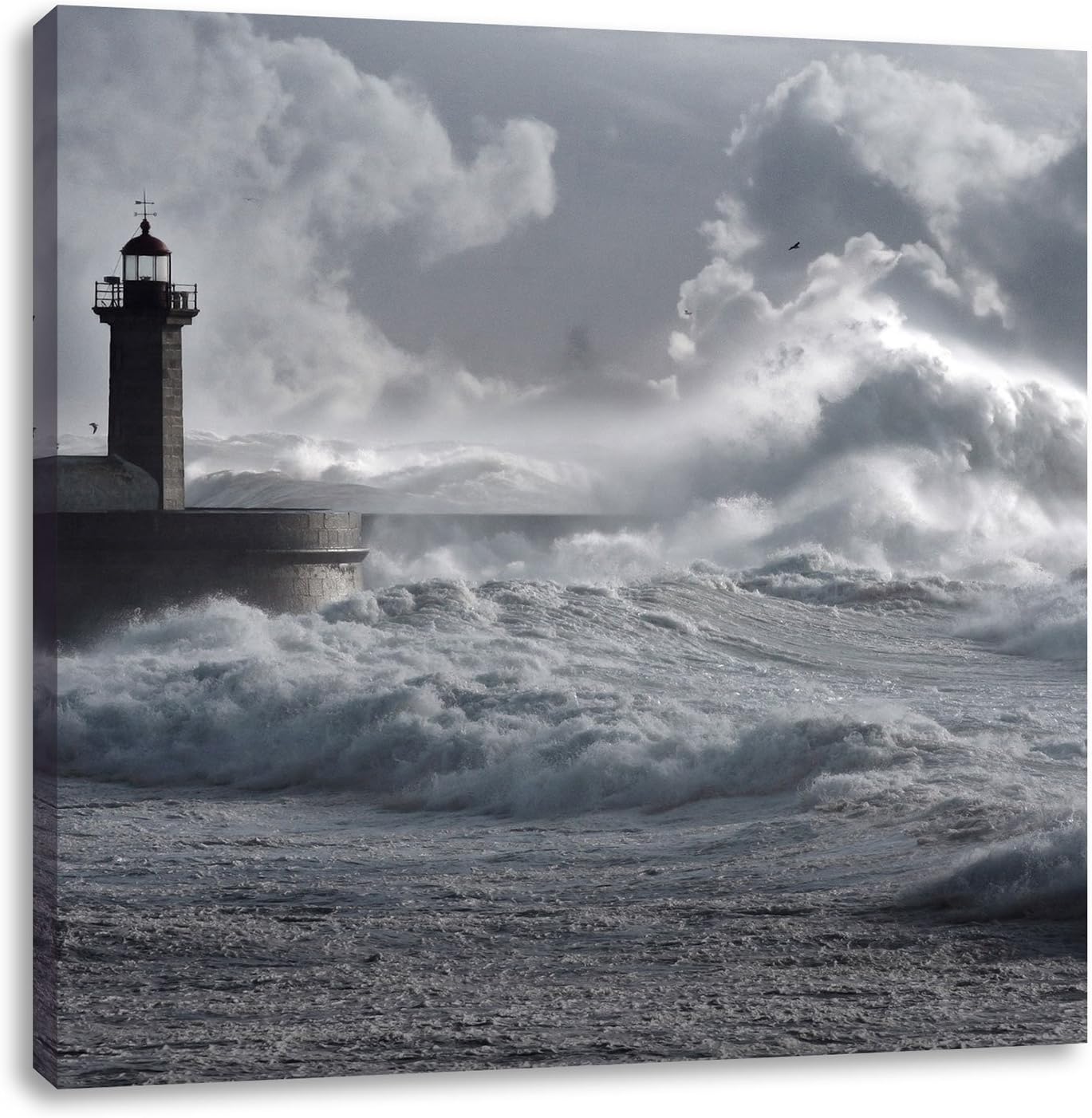 Pixxprint Sturmwellen Leuchtturm Portugal, Format: 70x70 auf Leinwand, – techstudio.ch