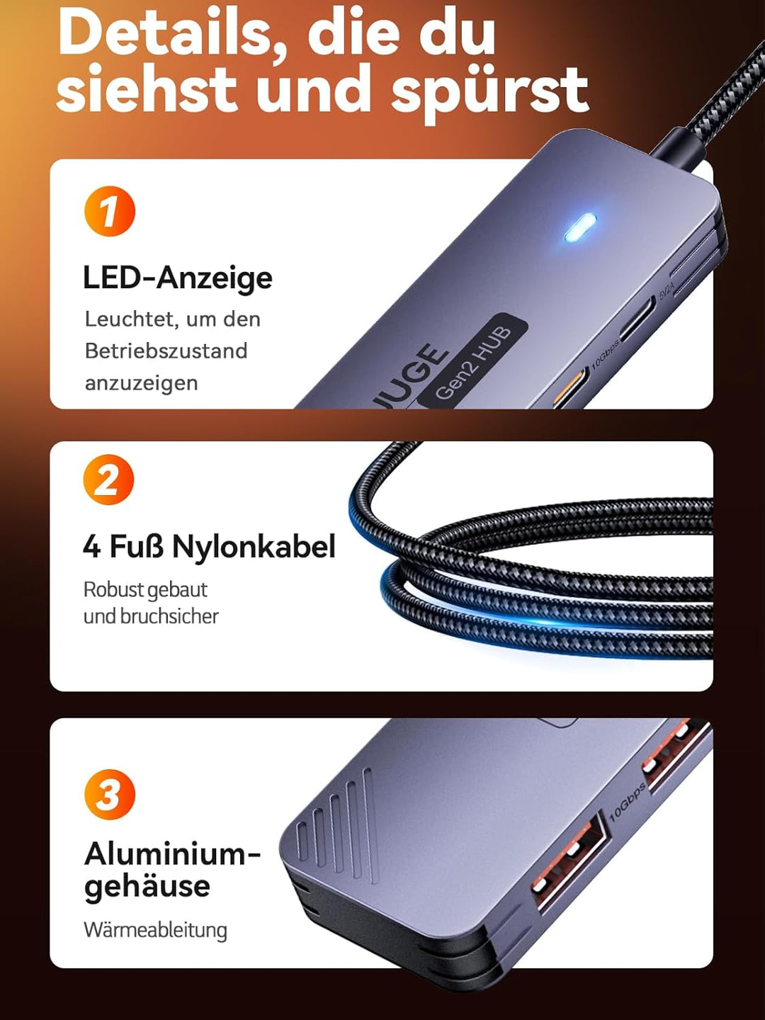 USB Hub 3.2 Gen2, QUUGE 5-in-1 USB Verteiler mit 2 USB-A & 2 USB-C 10G ...