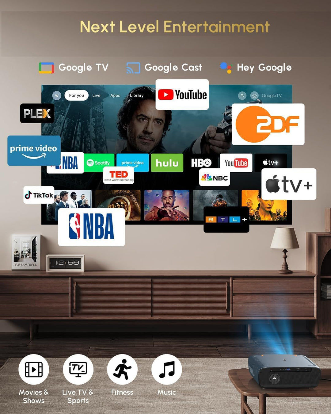 4K HDR Smart Beamer mit Google TV 2400ANSI Tageslicht Tauglich Heimkin ...