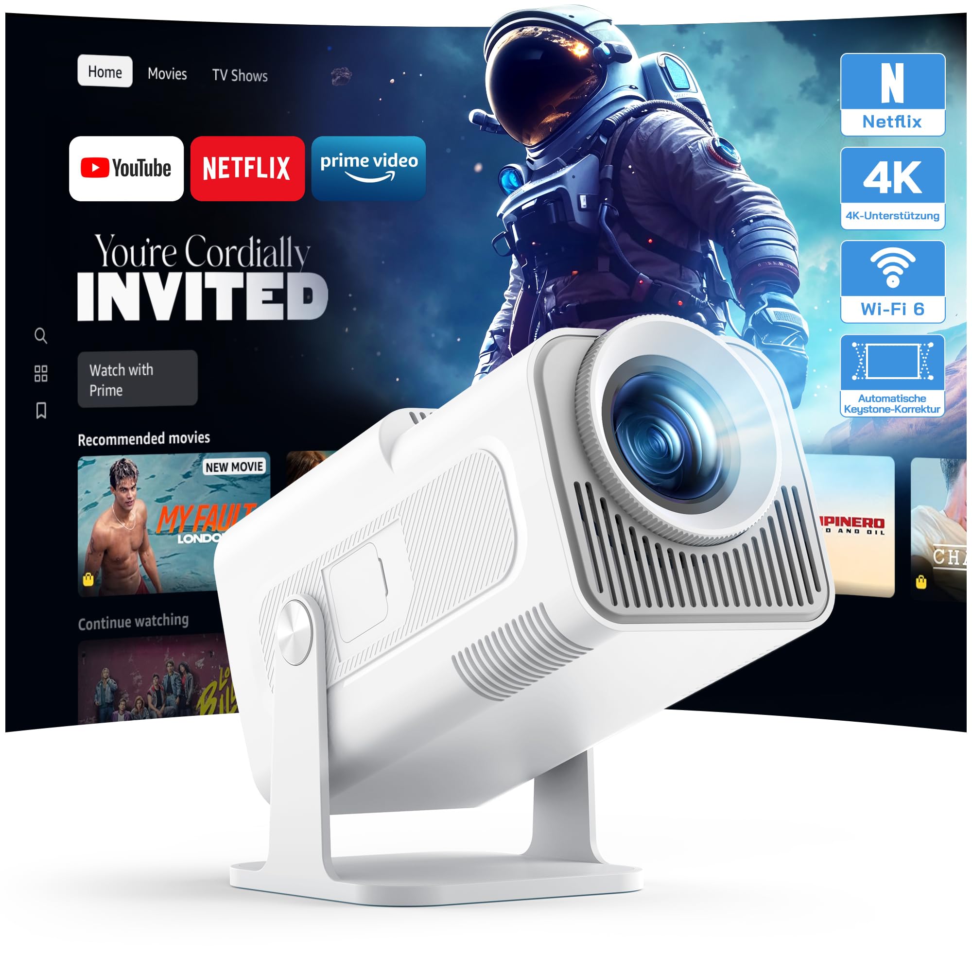 WOLFANG 4K Mini Beamer mit Offiziellem Netflix, 26000 Lumen WiFi 6 Sma ...