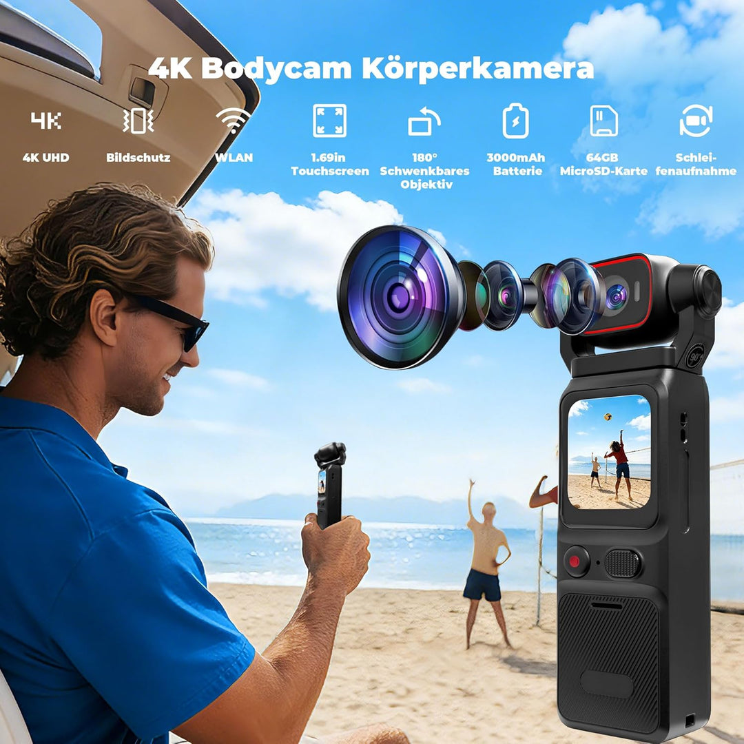 4K Körperkamera Bodycam, WiFi Vlog Kamera, Touchscreen Action Cam mit ...