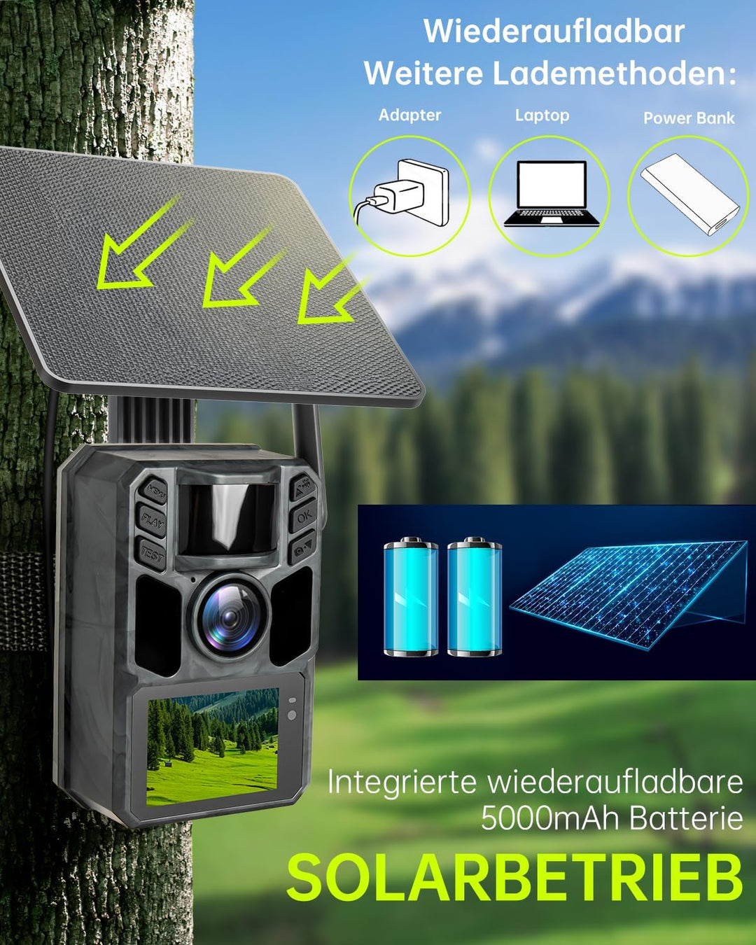 4K 64MP Wildkamera Solar WLAN mit Handyübertragung App, Eingebaute 500 ...