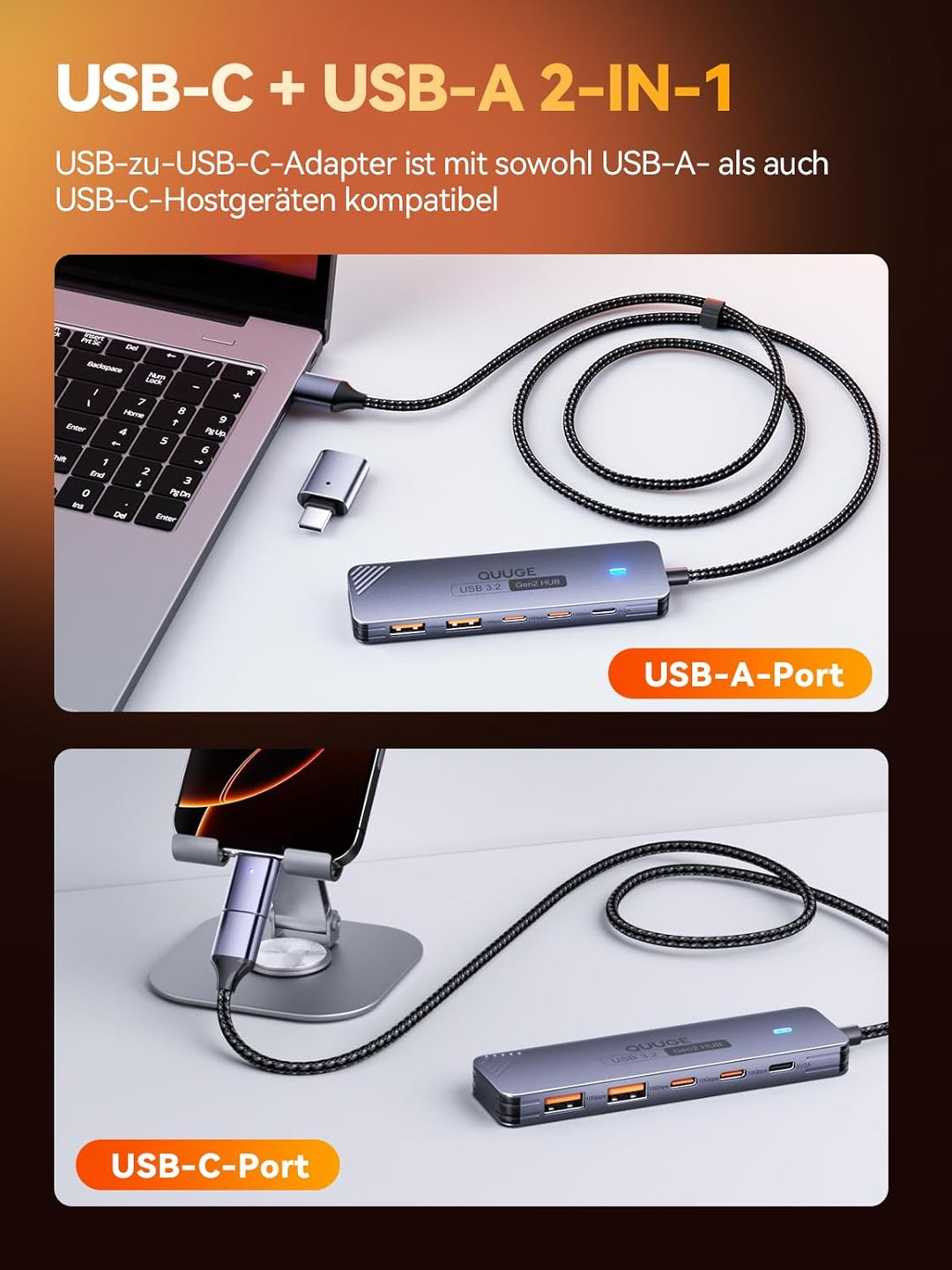 USB Hub 3.2 Gen2, QUUGE 5-in-1 USB Verteiler mit 2 USB-A & 2 USB-C 10G ...
