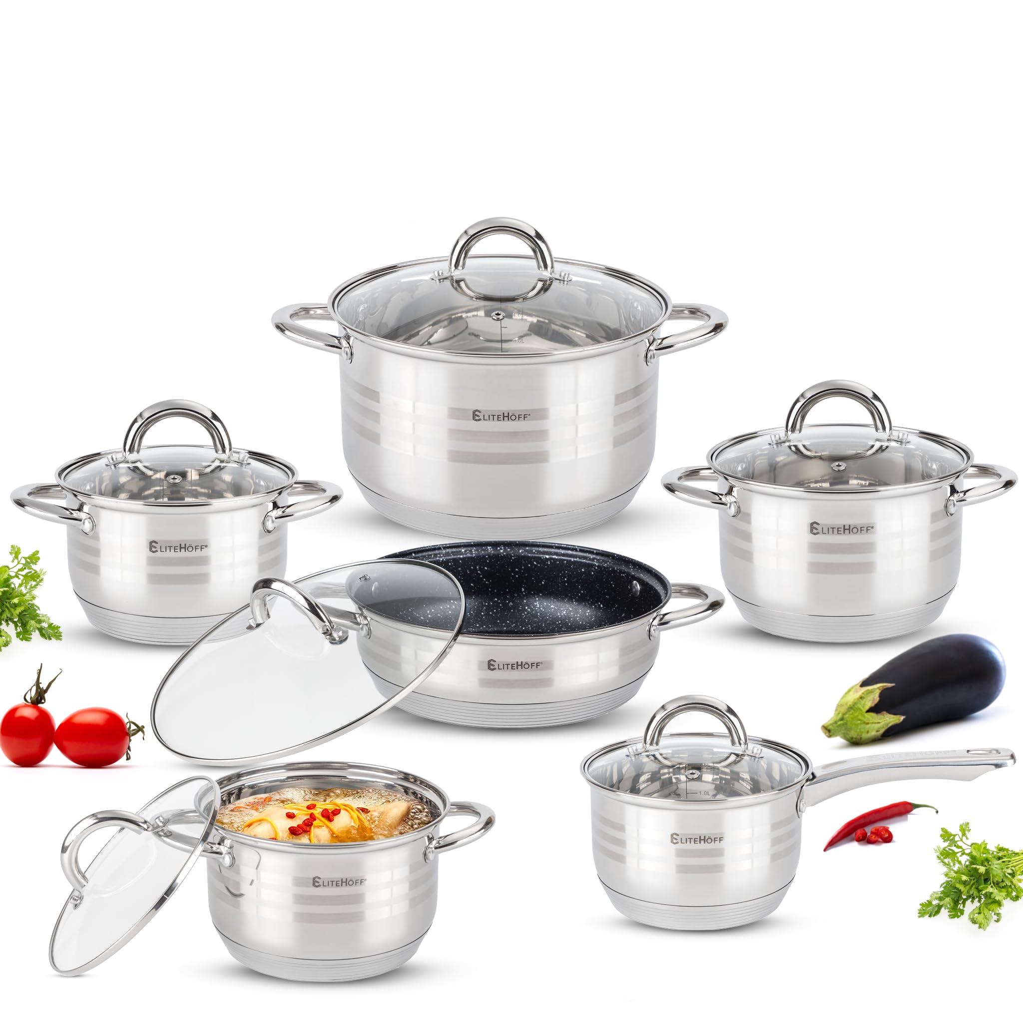 EliteHoff Topfset Induktion 12-teilig, Kochtopf Set mit Glasdeckel, 7 ...
